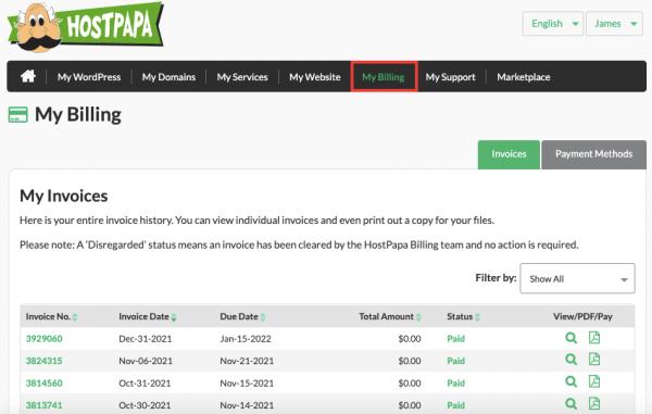 How to view your HostPapa Invoices in the HostPapa Dashboard