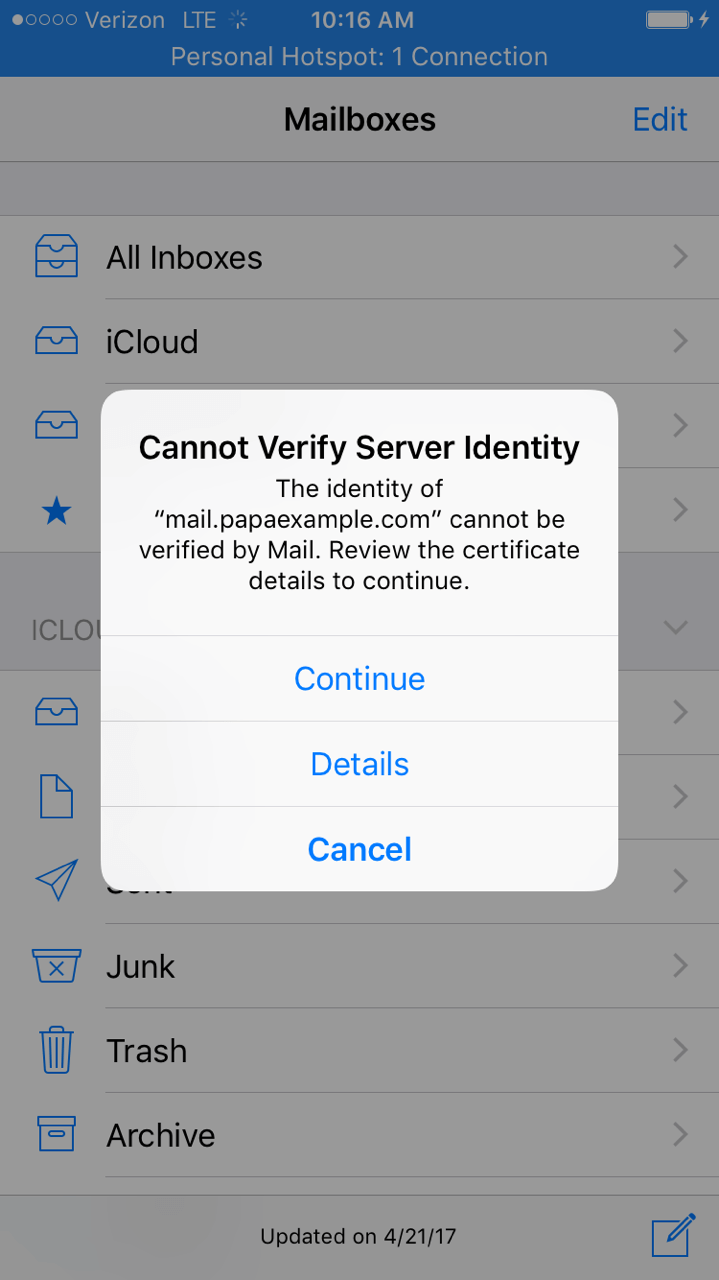 Fixing the “Cannot verify server identity” notice in iOS Mail App