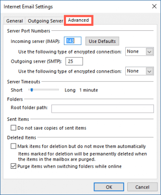 Changing an account from POP to IMAP in Outlook