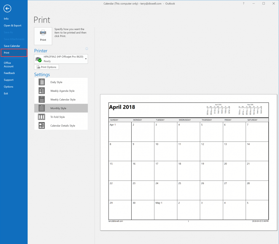 How to email or print your calendar in Outlook 2016