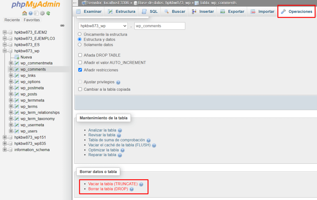 Cómo eliminar una tabla en una base de datos (phpMyAdmin)