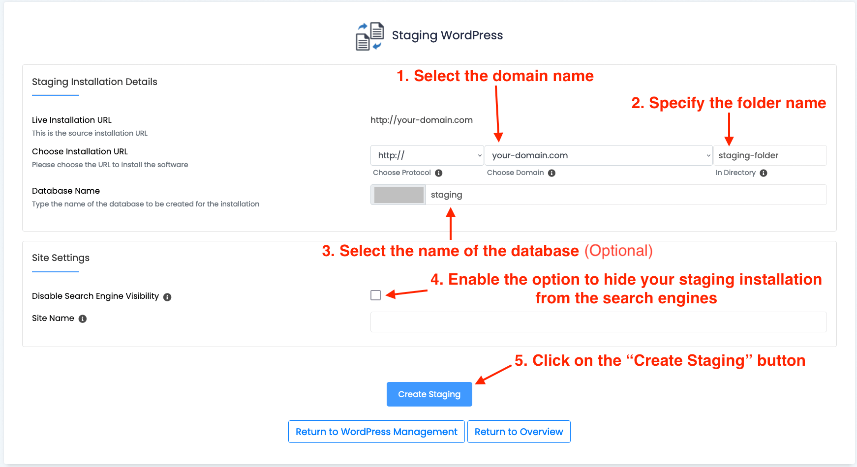 Create a staging WordPress site using Softaculous Apps Installer