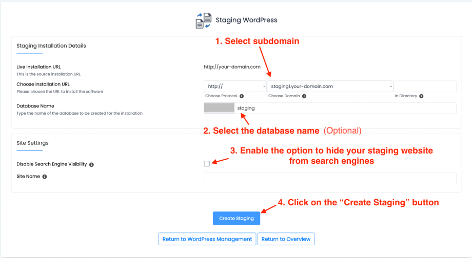 Create a staging WordPress site using Softaculous Apps Installer